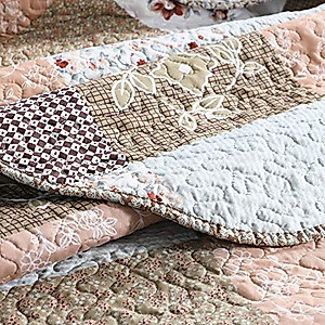 HoneiLife Quilt Set King Size - 3 Piece Microfiber Quilts Reversible Bedspreads Patchwork Coverlets Floral Bedding Set All Season Quilts-Mocha Rose,King Size