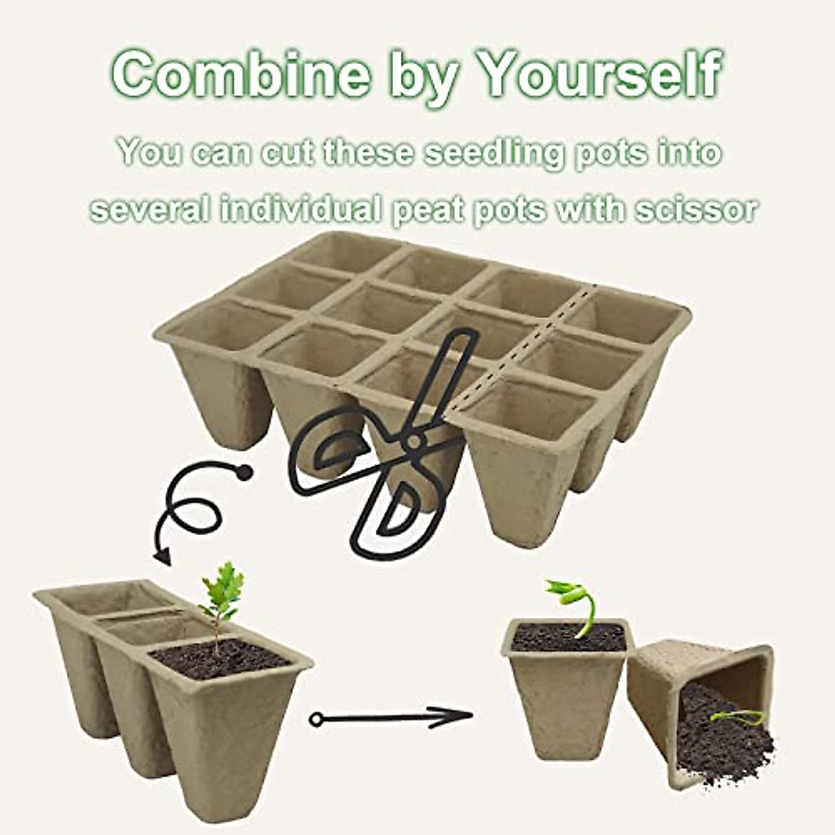 HEURYTEP 15 Packs Biodegradable Seed Starter Tray, 180 Cells Seed Starter Pots, Organic Peat Pots Kits, Seedling Starter Pots Garden Germination Trays with 20 Plant Labels, Middle Size