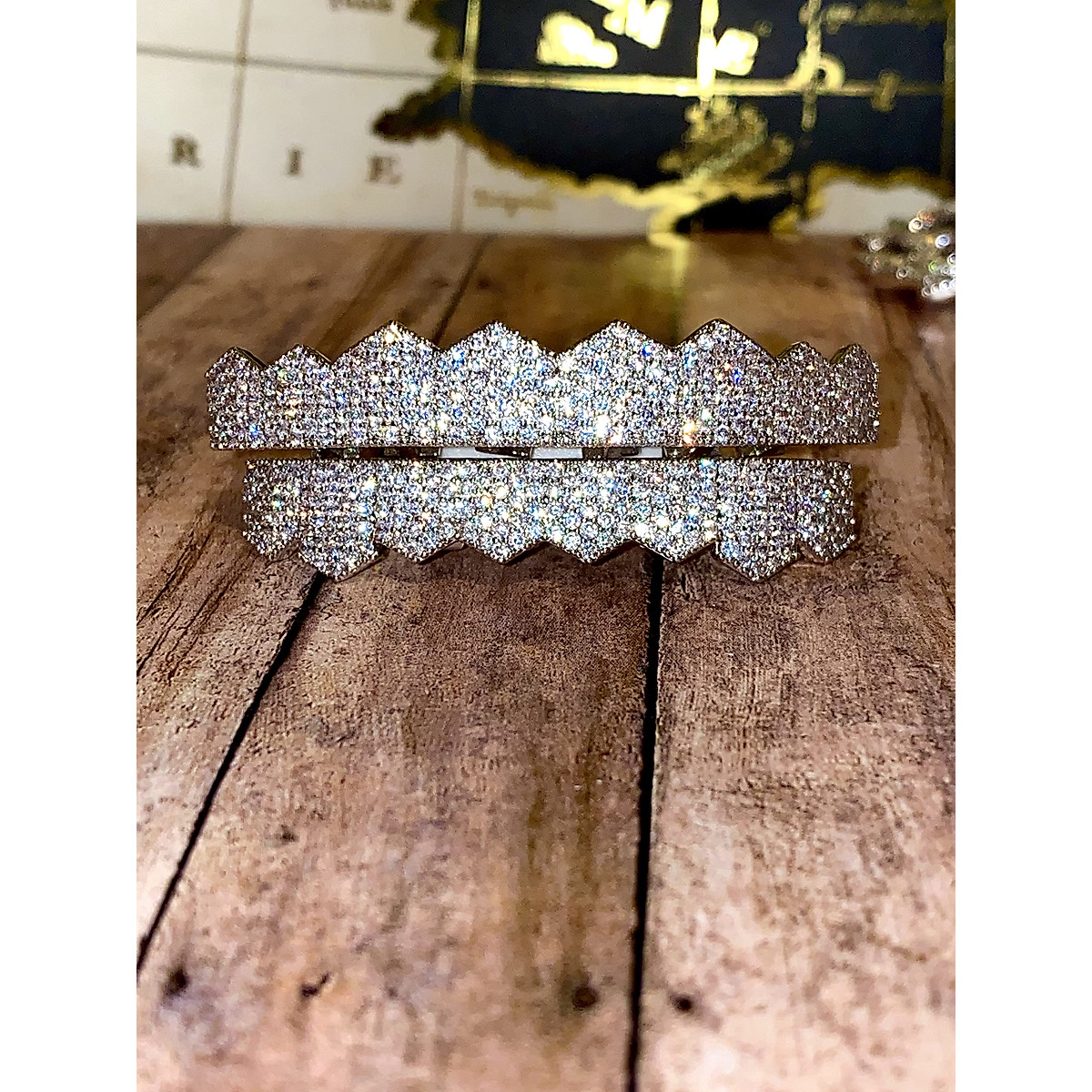 Shop-iGold 14k 1.2 Ct CZ Set 8 Teeth Joker White Grillz for Mouth Top Bottom Hip Hop Teeth Grills for Teeth Mouth Grillz for Mouth Top Bottom Set Barik (Silver)