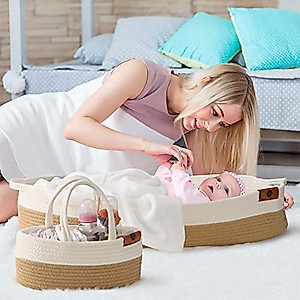 Baby Changing Basket, Moses Diaper Basket w/ foam pad, 2 waterproof covers, blanket, diaper caddy organizer, table/dresser/nursery topper, boho bassinet station woven rope tray, storage (Brown)