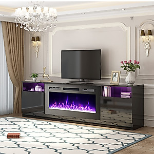 EROMMY 70'' Fireplace TV Stand with 36'' Electric Fireplace, Entertainment Center with 16 Color Led Lights and 12 Flame Fireplace Insert Heater, TV Console for TVs up to 80'' for Living Room, Black