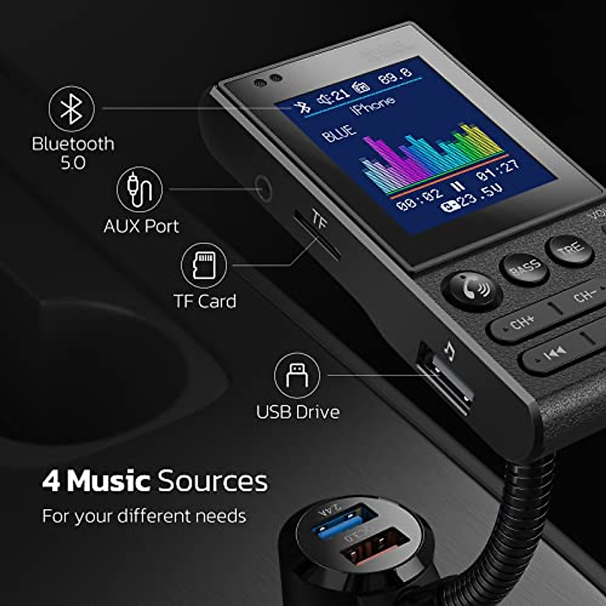 Nulaxy Bluetooth FM Transmitter, Enhanced Mic Aux Bluetooth Adapter for Car W 1.8” Color Screen, Car Bluetooth Adapter for Hands-Free Call, QC3.0 Fast Charge, Bass Treble Booster Audio Players-KM20