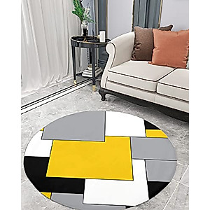 Fluffy Round Area Rugs for Living Room,5ft Carpet Abstract Modern Geometric Art Shaggy Accent Rug Furry Floor Mat for Nursery,Yellow Gray Black White Color Block Plush Non-Slip Bedroom Throw Rugs
