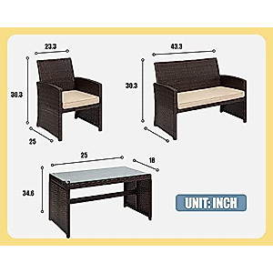 FDW 4 Pieces Rattan Wicker Conversation Set Lawn Chairs Porch Poolside Balcony Garden Outdoor Furniture,Brown