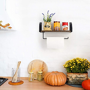 BTY Paper Towel Holder with Shelf, Vintage Farmhouse Wall Mounted Paper Towel Holder Under Cabinet Spice Rack for Kitchen, Bathroom Toilet Paper Dispenser - Rustic Brown