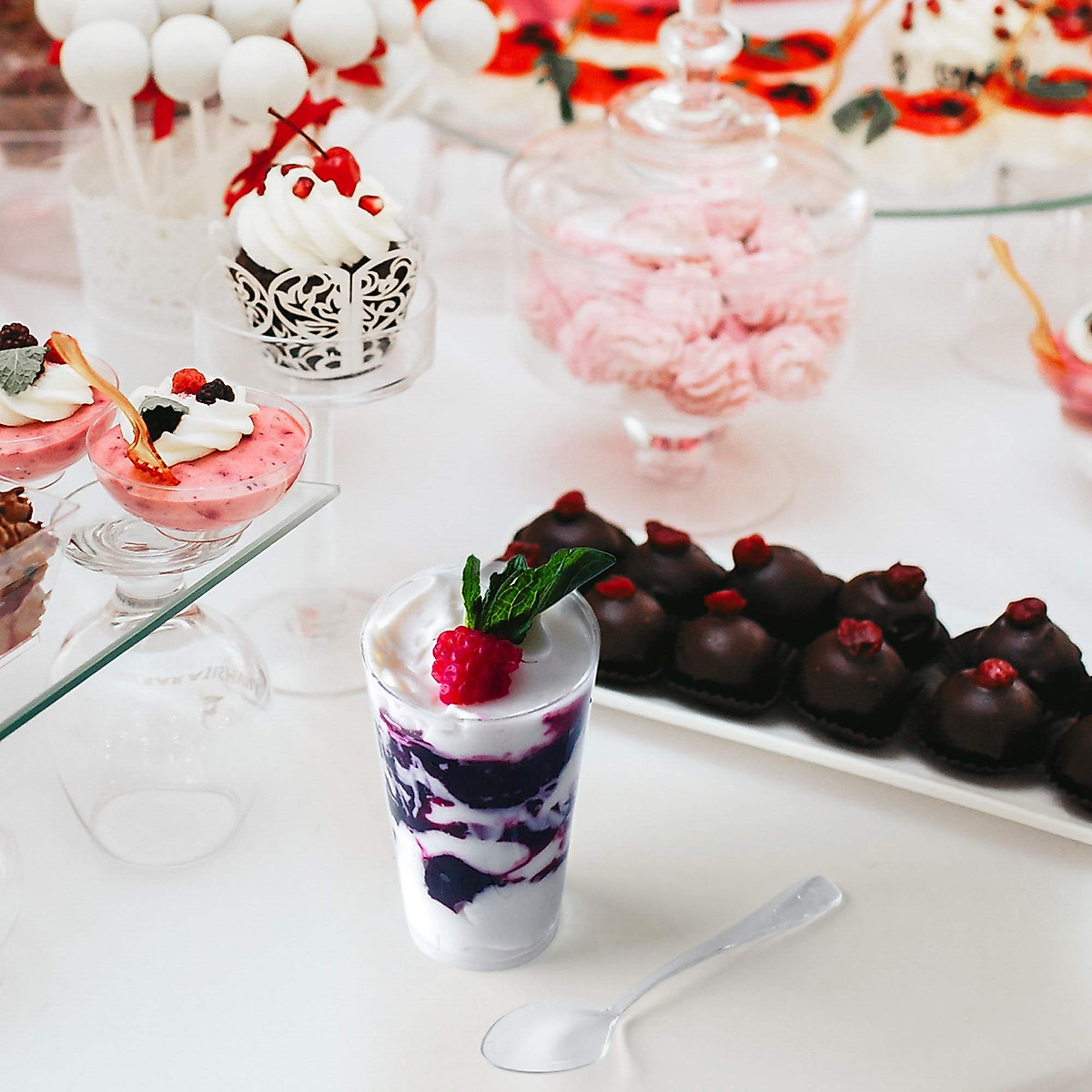 Round Shot Cups - 3 ounce - 100 Count - Spoons Included-Clear Plastic-Straight Wall Shot Glasses - Mini Cup - Dessert Cup - Tasting Sample - Party Shooters - Drink Shot Tumblers-Disposable or Reusable