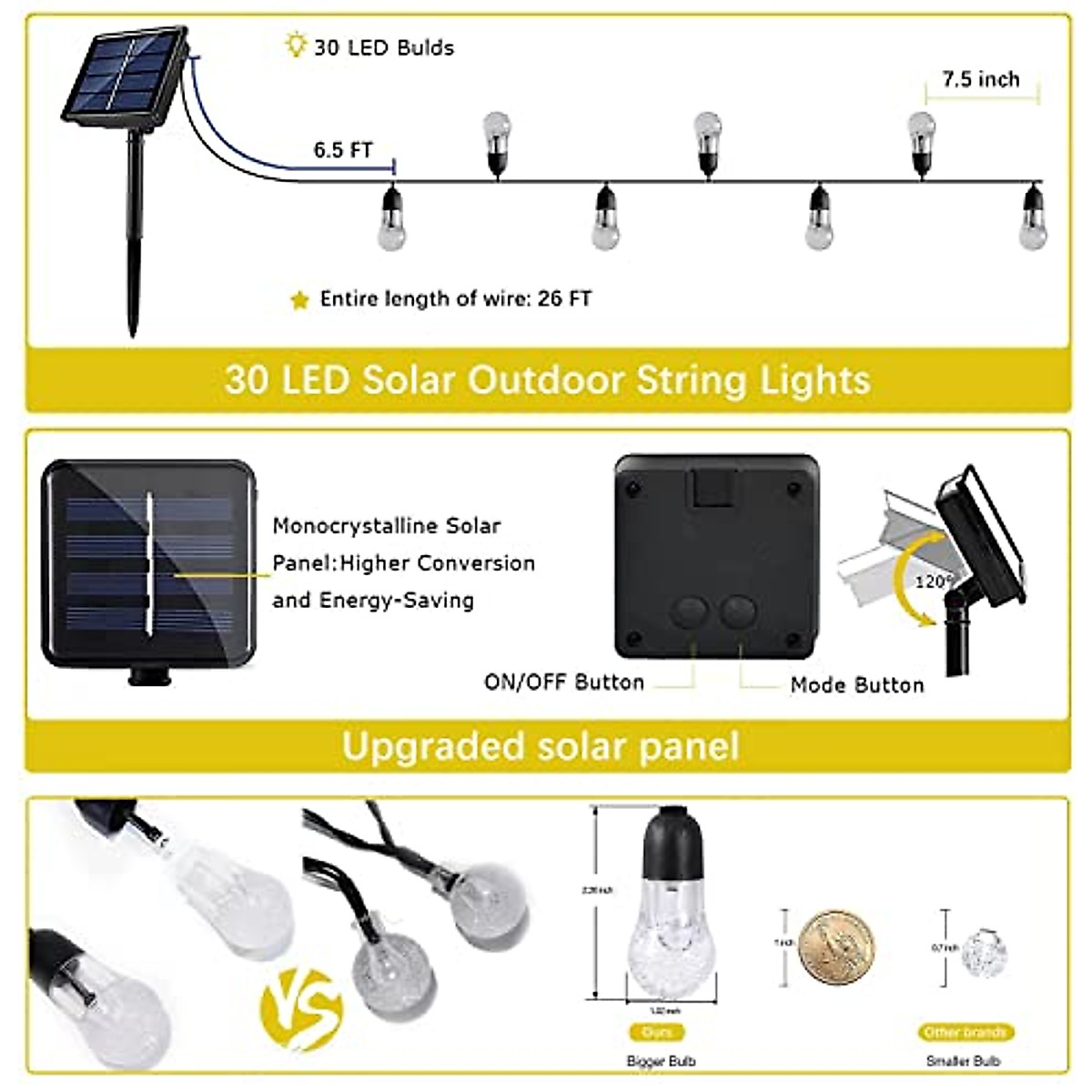 Solar Outdoor String Lights 30 LED 26 FT Crystal Globe Lights 8 Lighting Modes Waterproof Decorative String Lights Solar Powered Patio Lights for Garden Yard Porch Wedding Party Decor (Warm White)