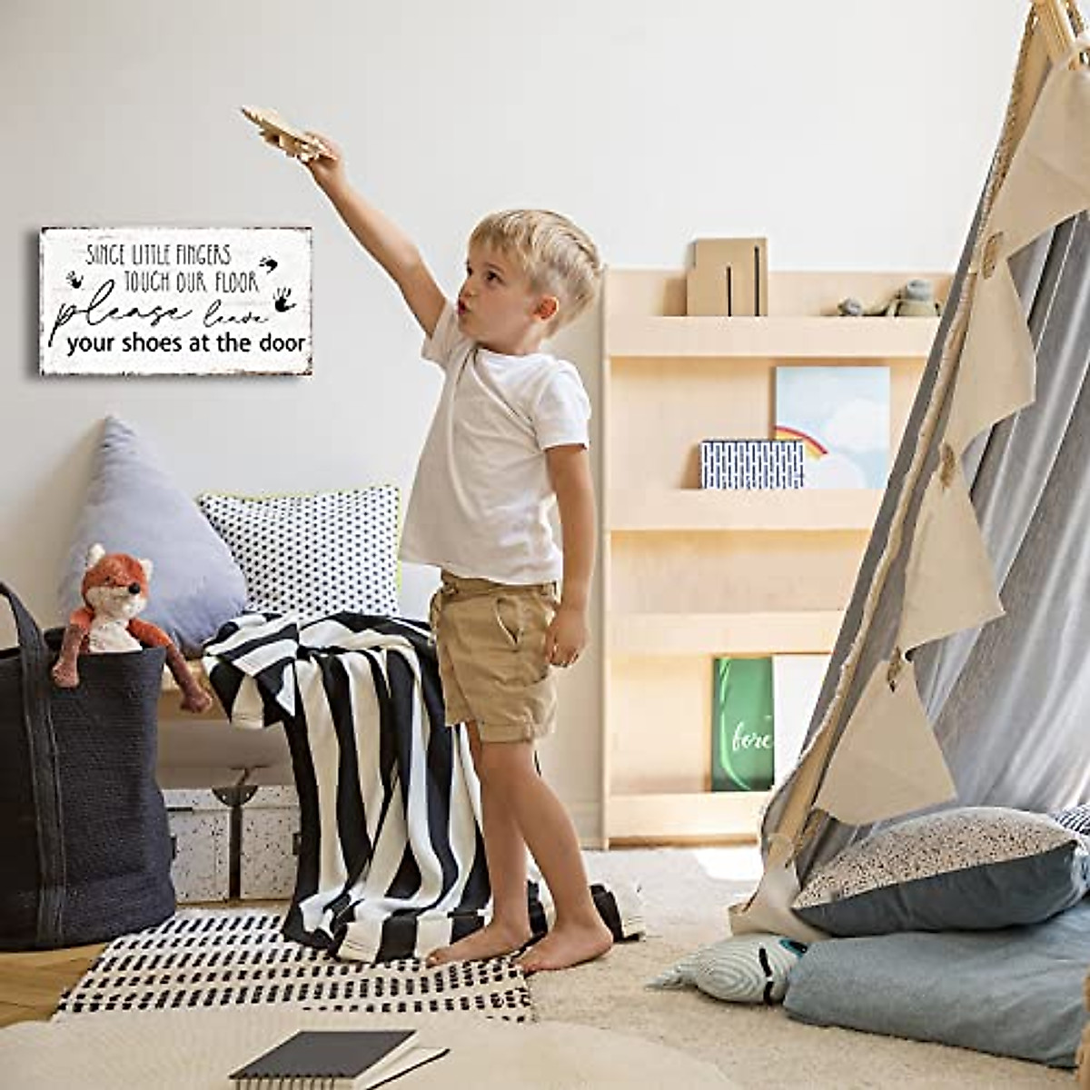 Please Remove Your Shoes Sign: Take off Shoes Sign Funny Entryway Decor - Since Little Fingers Touch Our Floor Please Leave Your Shoes at the Door Canvas Print Home Decoration 15" x 8"