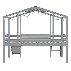 Bellemave Twin Size Low Loft Bed with Slide and Ladder, Wood Playhouse Twin Bed with Blackboard and Light Strip on The Roof, Twin House Bed for Kids, Boys, Girls, No Box Spring Needed, Gray