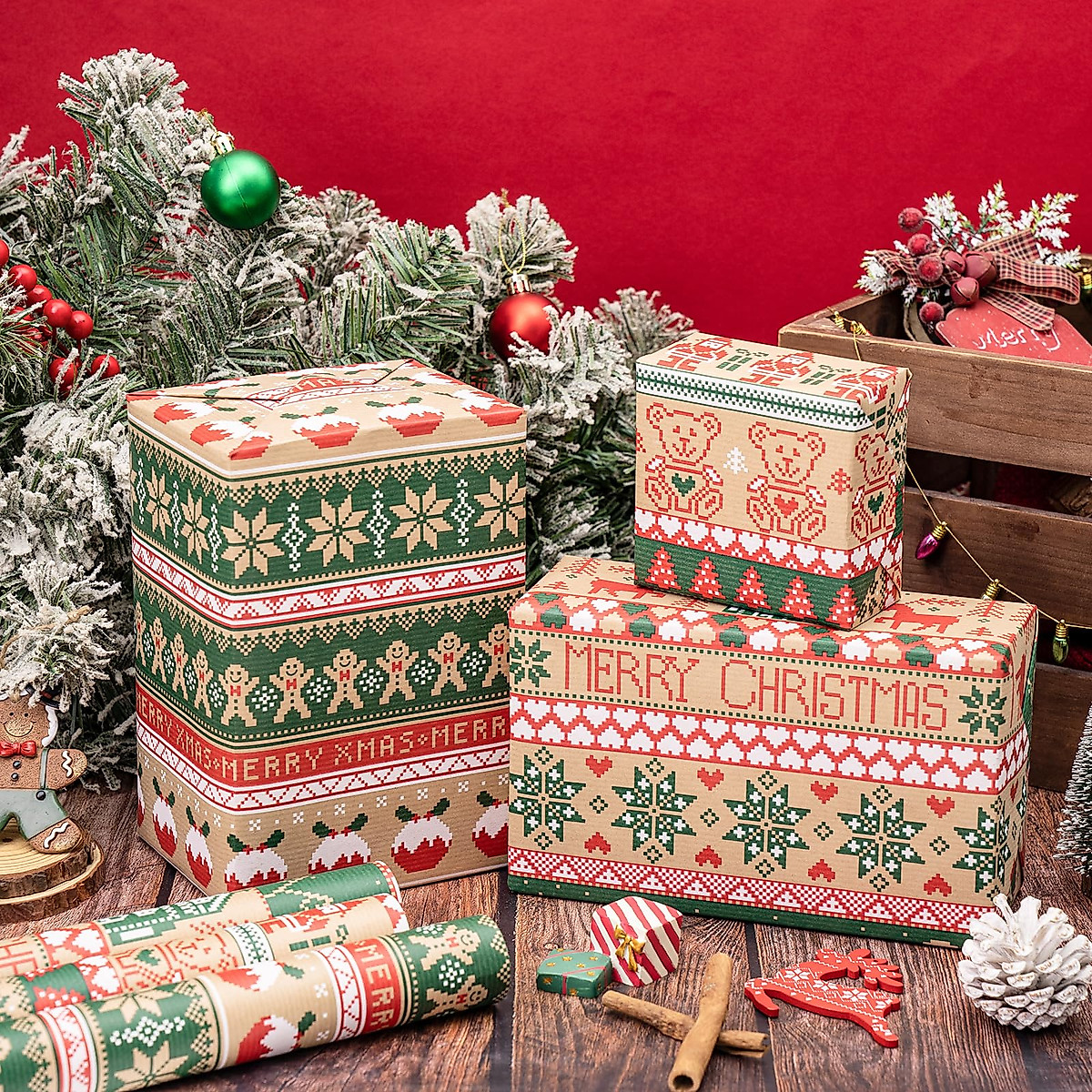 RUSPEPA Christmas Wrapping Paper Rolls - 17 inches x 10 feet per Roll, Total of 3 Rolls - Red and Green