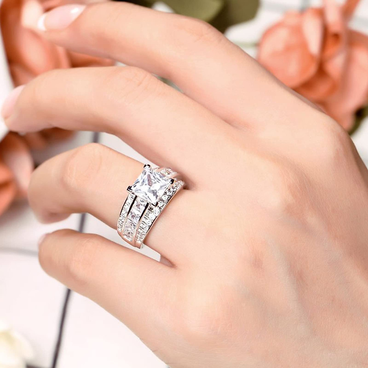 Jeulia Classic Princess Cut Sterling Silver Ring Cubic Zirconia Wedding Diamond Band Rings Engagement Bridal Anniversary Rings for her (Silver, 9.5)