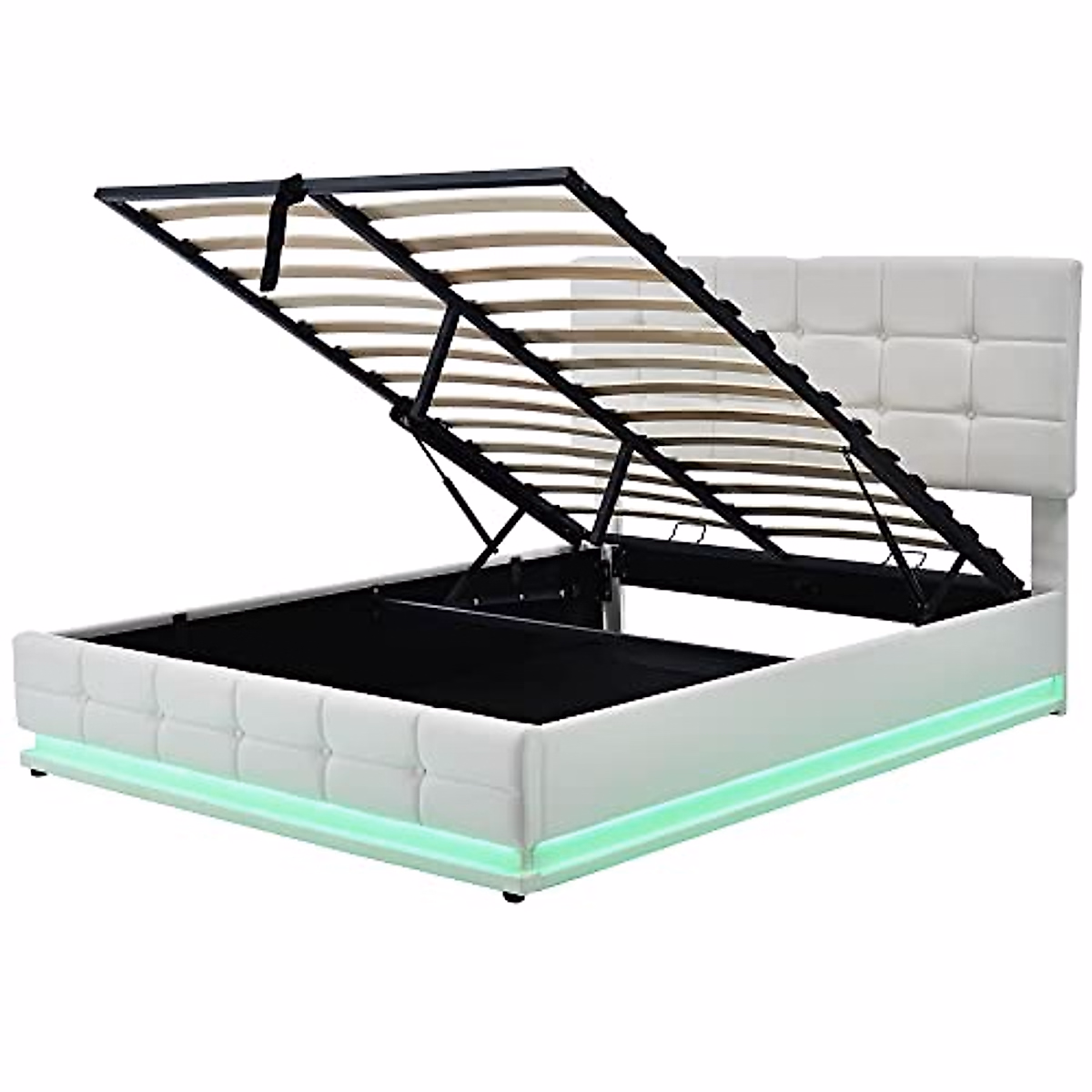 Bellemave Queen Lift Storage Bed with LED Lights and USB Charger, PU Upholstered Queen Platform Bed with Hydraulic Storage System for Kids Teens and Adults, No Box Spring Needed (Queen, White)