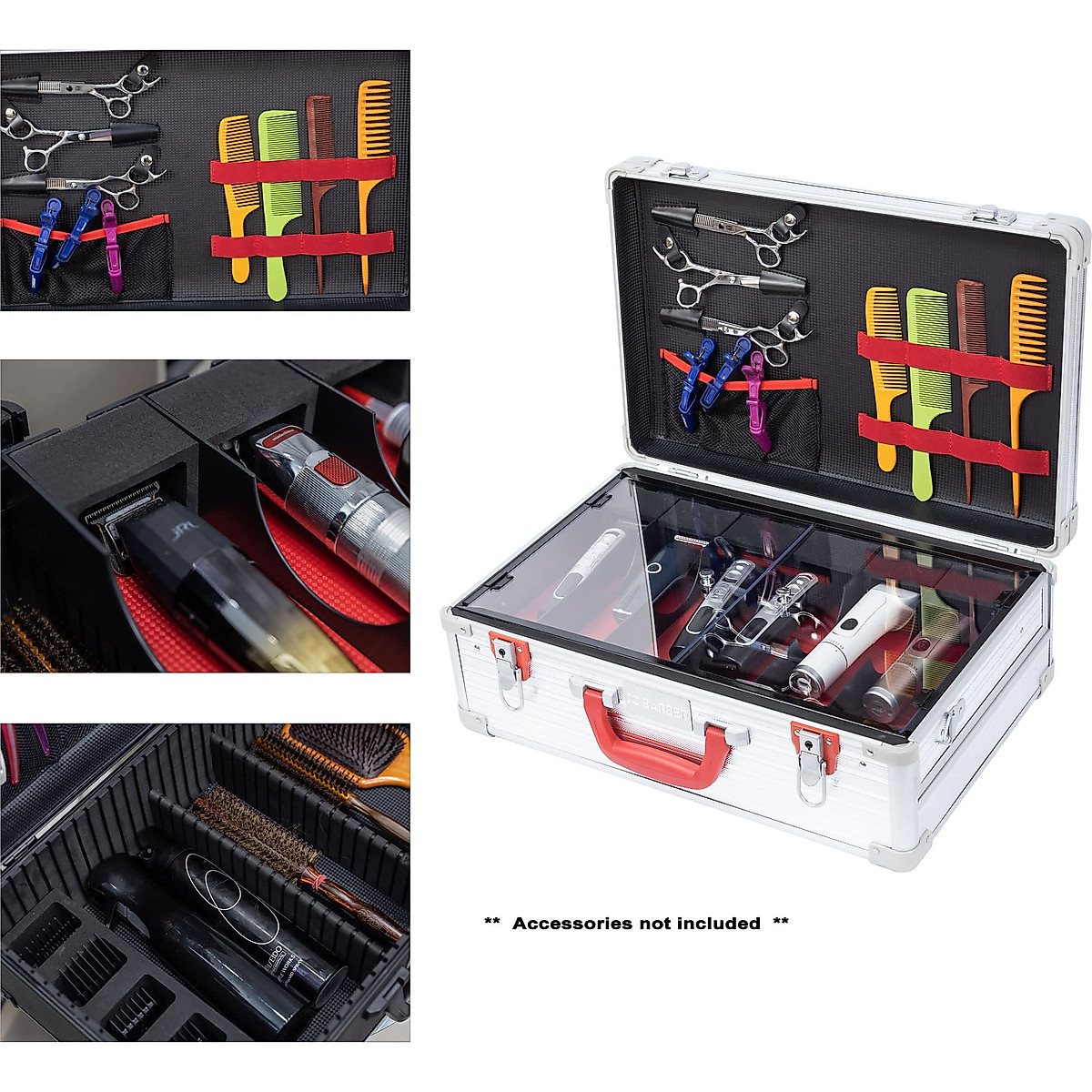 JC Barber 6 Clippers Sliding Tray Hard Travel Storage Case Organizer for Hair Stylist Supplies Combs Shears Trimmers Scissors. Professional Barber Travel Suitcase. Salon Hair Cutting Grooming Kit