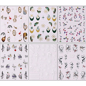 JMEOWIO 6 Sheets 3D Embossed Glitter Christmas Nail Art Stickers Decals Self-Adhesive Pegatinas Uñas 5D Snowflake New Year Xmas Winter Holiday Nail Supplies Nail Art Design Decoration Accessories