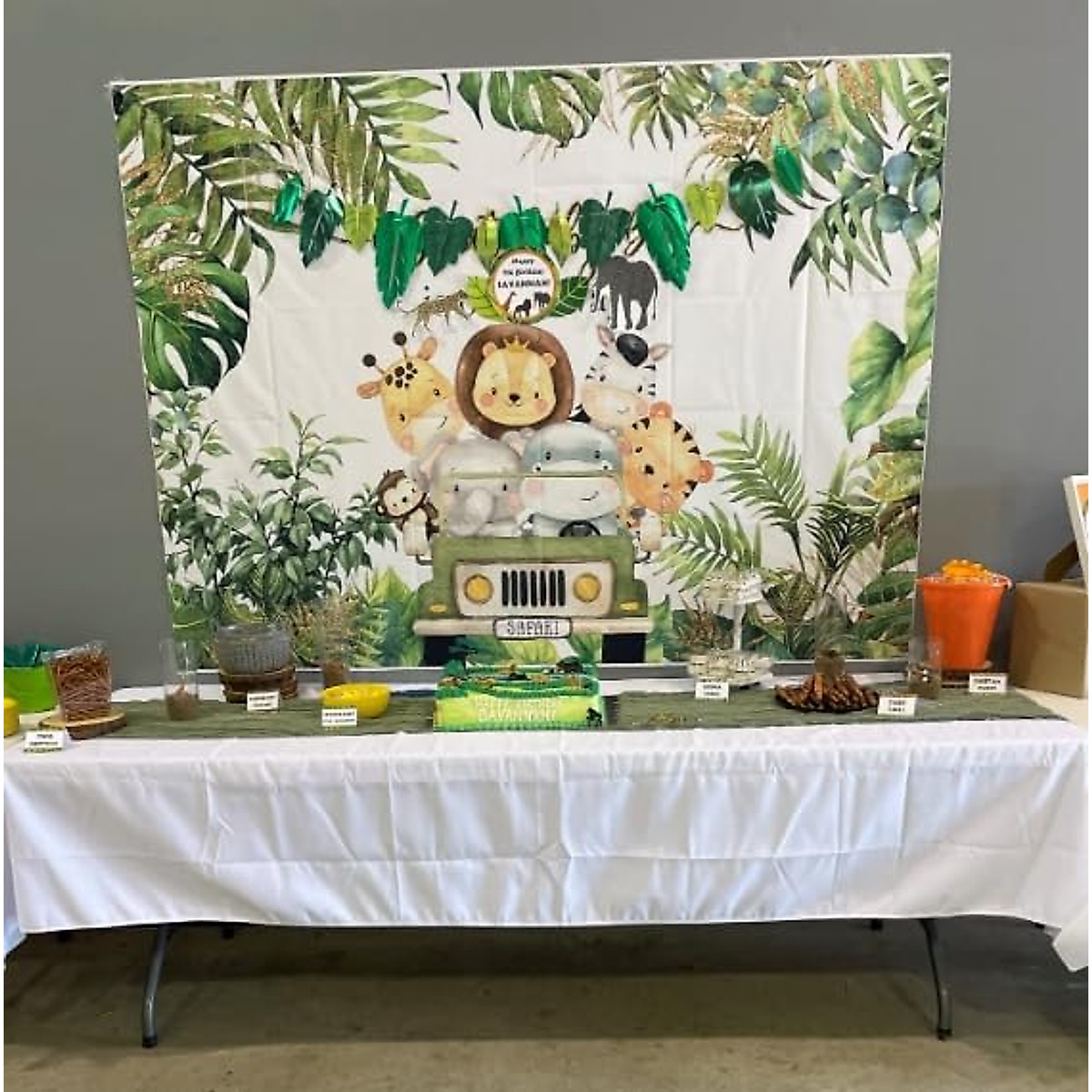 Avezano Jungle Safari Baby Shower Backdrop Safari Animals Boy Baby Shower Party Background Decorations Tropical Green Leaves Safari Oh Baby Shower Banner Supplies(7x5ft)
