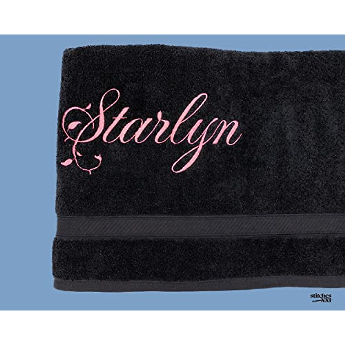Stitches XXI Personalized Bath Towel. Luxury Embroidered Custom Bathroom Towel 100% Cotton Black 30x54 inches