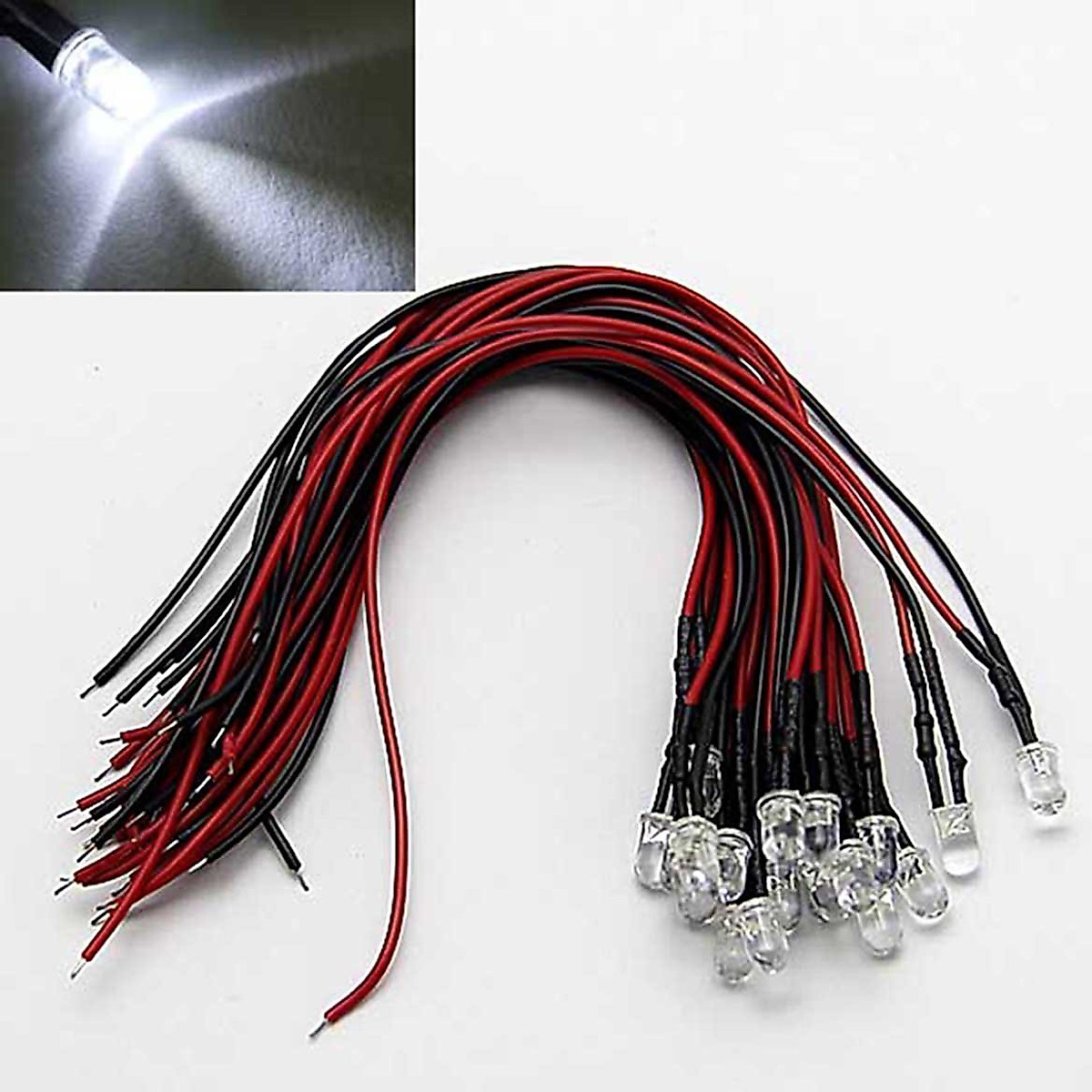 LAOMAO 1 Pack (20 Bulbs) 5mm 12V DC White LED Pre-Wired Round Top Bulb Lamp For DIY Car Boat Toys Parties (5mm, White)