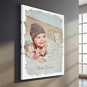 Personalized Baby Watercolor Canvas Painting With Name Printed On Premium Gallery Wall Art - Custom Newborn Portrait From Photo (S - 11x14 Inches)
