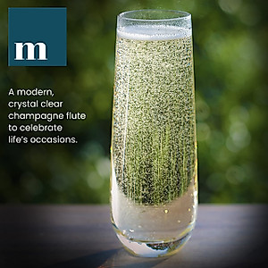 Modvera Stemless Champagne Glasses| Set of 6 10oz Modern, Crystal Clear Champagne Flutes| 6.3 Inch Tall Toasting Glasses, Glassware Sets For Wedding, Birthday, Graduation, and Engagement Celebrations