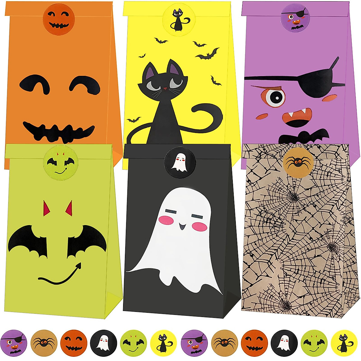 24 Pcs Halloween Treat Bags Set with Stickers, Assorted Paper Gift Candy Bags Including Ghosts, Cats, Pumpkins, and Spiders Designs for Trick-or-Treat, Goodie Bags, Party Favors, and Classroom Gifts