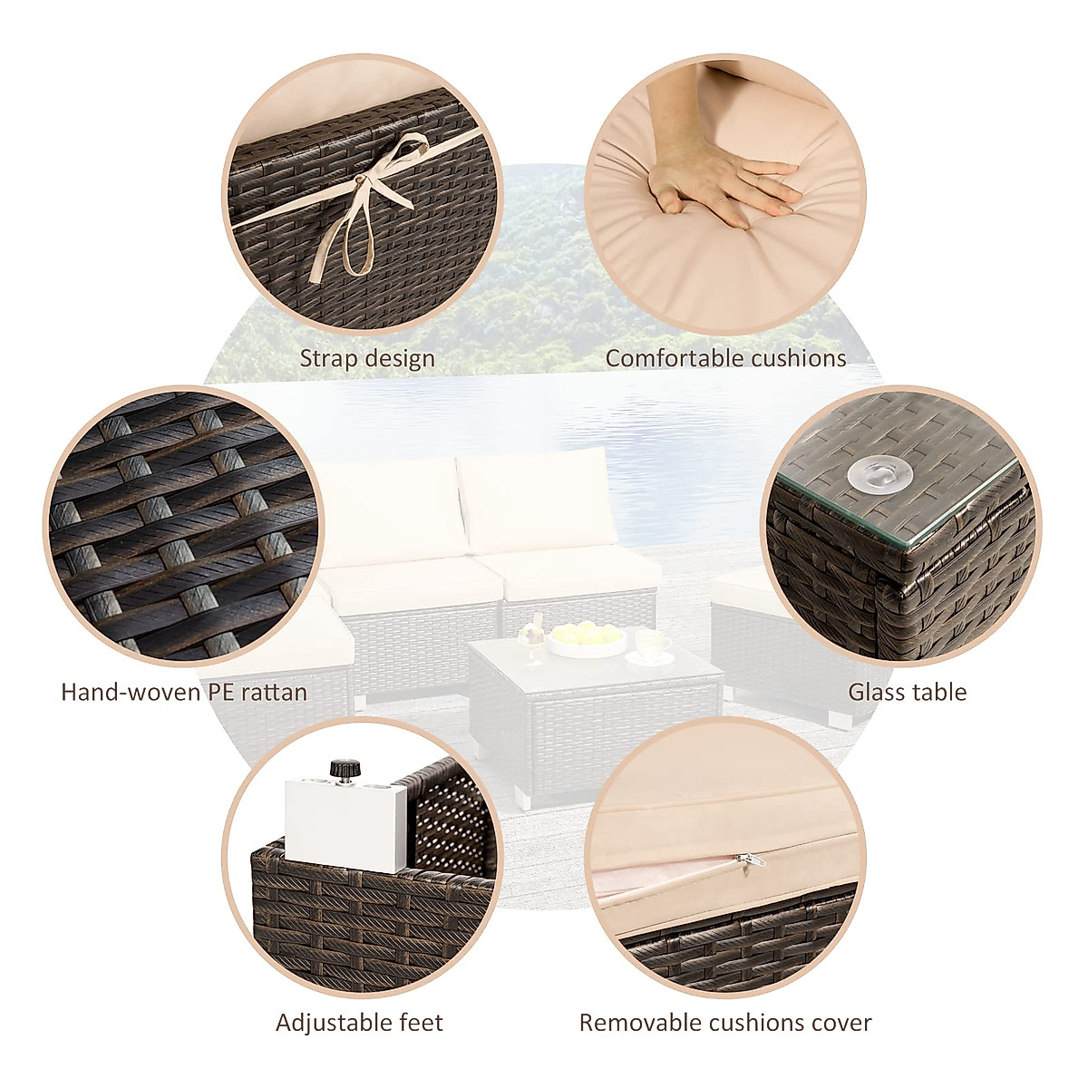 Patio Furniture 6 Pieces Set, Outdoor Furniture PE Rattan Wicker Outdoor Couch, Patio Conversation Sets One Box Package with Glass Table and Cushion, Brown