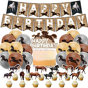 Horse Birthday Party Supplies Set with Horse Theme Happy Birthday Banner Balloon Cake Topper Cupcake Topper Background for Horse Party Decoration