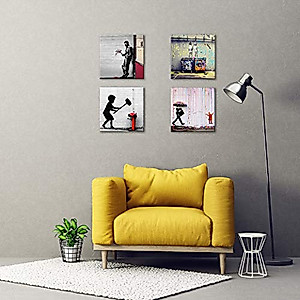 Biufo Banksy Wall Art Street Graffiti Canvas Print Picture Modern Painting Artwork for Living Room Bathroom Bedroom Decor (12"x12"x4pcs)