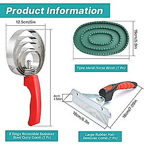 Aemygo 3 Pcs Reversible Stainless Steel Curry Comb 5 Rings, Double Sided Horse Grooming Brush, Scotch Type Metal Dog Brush Large Rubber Hair Remover Comb, Soft Touch Grip Scraper for Cow Sheep Dog