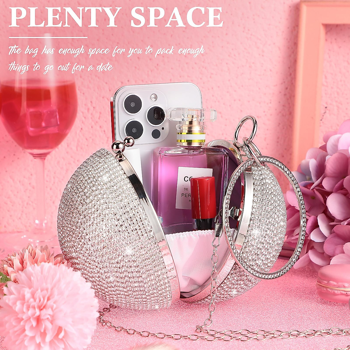 Disco Ball Round Purse for Women 4.72 Inch Silver Circle Crystal Clutch Rhinestone Evening Tassel Long Chain Handbag Wedding Engagement Party Decoration Disco Evening Party Gift Supplies