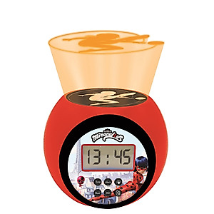 LEXiBOOK - Miraculous Projector Alarm Clock with Snooze Function and Alarm Function, Night Light with Timer, LCD Screen, Battery Operated, Red/Black, RL977MI