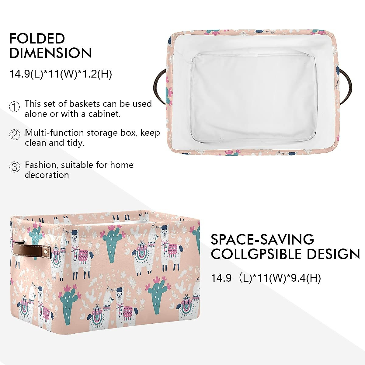 Cute Lama Cactus Dog Toy Baskets Canvas Fabric Collapsible Organizer Basket for Storage Bin for Kids Room Toy Organizer Home Baby Hamper 2 Pieces
