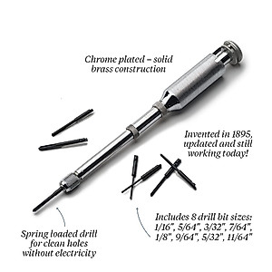 Kings County Tools Classic Yankee Style Push Drill | 8 Double Fluted Bits Included | Chrome Plated Solid Brass Material | No Chuck Necessary | Ideal for Tight Areas