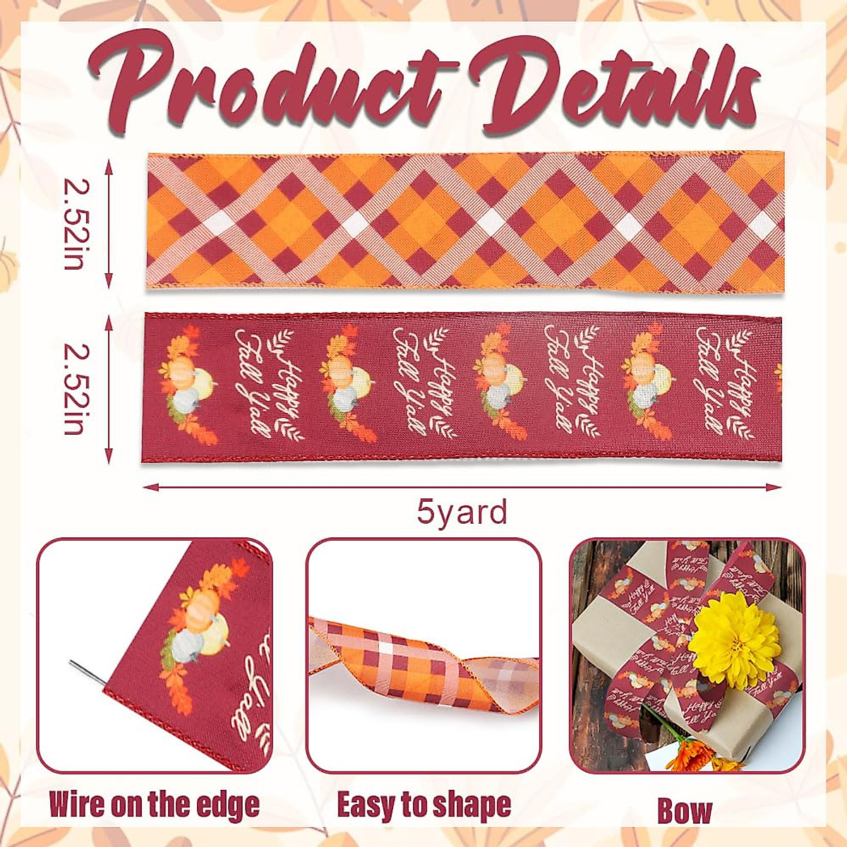 ALIBBON 2 Rolls 2.5" 5 Yd Fall Wired Ribbon Thanksgiving Burlap Ribbons Wine Red Happy Fall Ribbons Brown Orange Buffalo Plaid Ribbons for Wreath DIY Crafting Gifts Wrapping Party Decorations