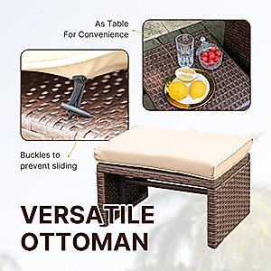 OC Orange-Casual 5 Pcs Patio Conversation Set Balcony Furniture Set with Beige Cushions, Brown Wicker Chair with Ottoman, Storage Table for Backyard, Garden, Porch