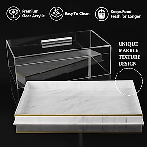 Acrylic Cake Tray with Lid, 15"x9"x4.7" Rectangle Cake Box, Dessert Holder Tray, Marble Cake Stand with Cover,Serving Tray with Lid for Party, Home and Kitchen,Veggie Tray, Fruit Bowl (White)