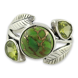 NOVICA Artisan Handmade Peridot Cocktail Ring with Composite Turquoise Sterling Silver Reconstituted Green India Greenery Leaf Tree Bollywood Birthstone [ring Front 0.7 in L x 0.6 in W x 0.3 in H Ban]