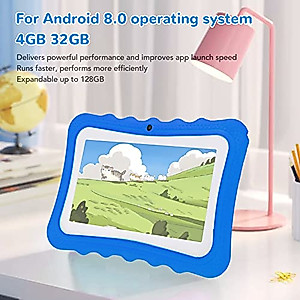 7 Inch Kids Tablet for Android 8.0, 5G WiFi and 5.0 BT, 1960 x 1080 IPS HD Tablet with Case and Stand for Kids, Quad Core CPU, 4GB 32GB, 2MP + 5MP, Education, Entertainment (Blue)