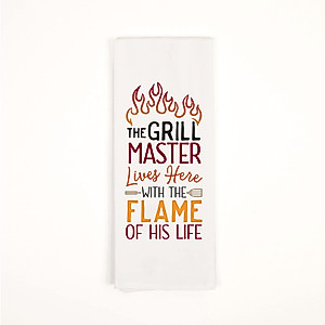 P. Graham Dunn Grill Master Lives Here Classic White 28 x 16 Cotton Fabric Dish Tea Towel
