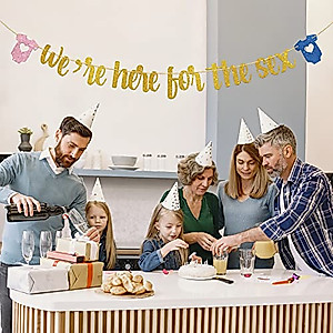 T-minimalist We're Here for The Sex Banner, Funny Baby Gender Reveal Party Decorations, Baby Shower Party Hanging Decors Supplies, Gold Gliter Paper Garland / Cute Baby Clothes Sign Banner 11.7 Feet