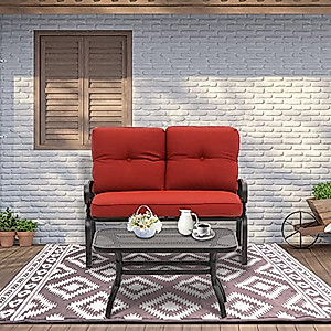 Incbruce Patio Loveseat with Coffee Table - Outdoor Bench with Cushion,2 Piece Wrought Iron Outdoor Loveseat Metal Frame Porch Furniture Set Bench for Patio, Poolside, Garden (Red)