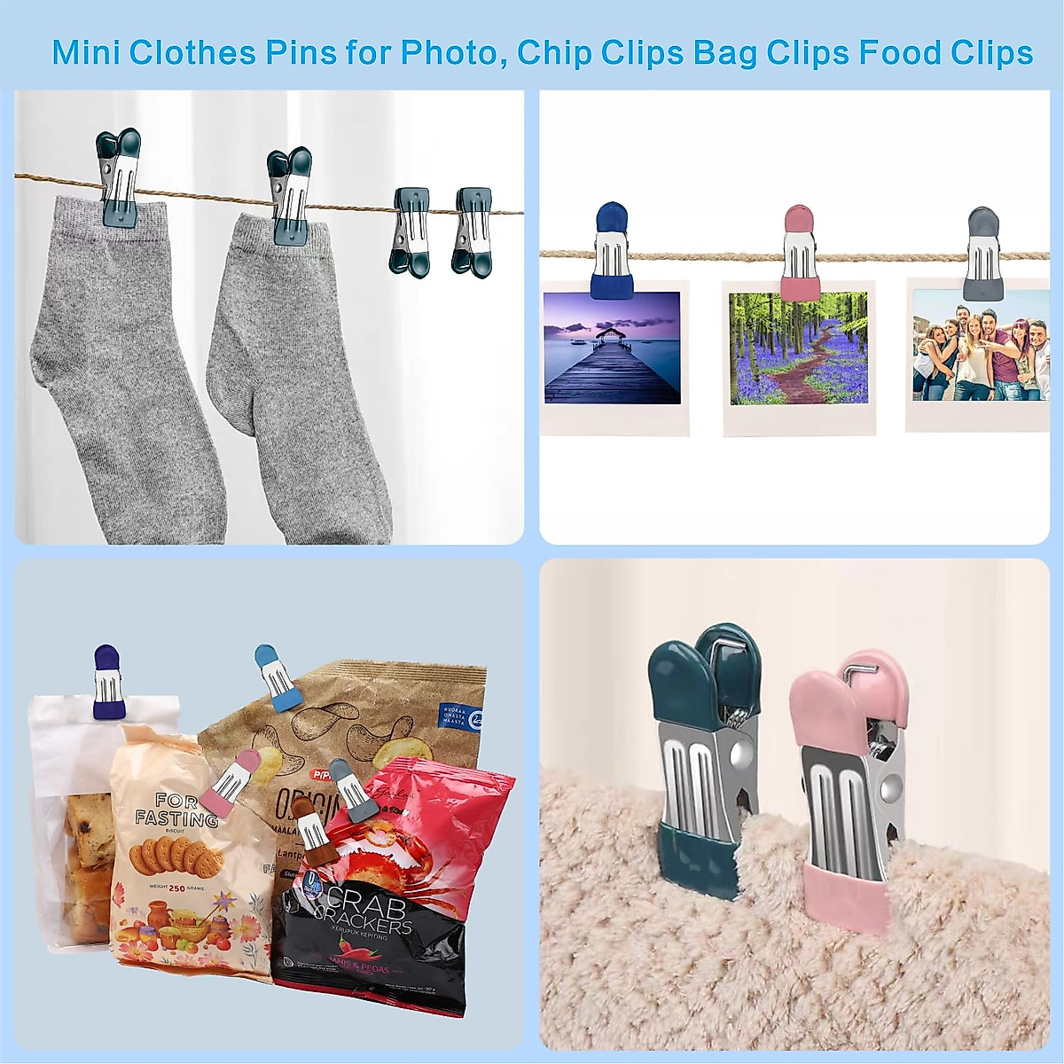 Clothes Pins, 24Pcs Chip Clips, 8 Mix Colors Clothespins, Bag Clips, Paper Clips, Mini Clothes Pins for Photo, Chip Clips Bag Clips Food Clips, Heavy Duty Metal Food Clips for Food, Kitchen Clips