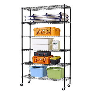 6 Tier Wire Shelving Unit Rack NSF Heavy Duty Height Adjustable Storage Shelf Metal Shelving with Wheels/Feet Levelers Garage Rack Kitchen Rack Office Rack Commercial Shelving - Black - 18x48x82