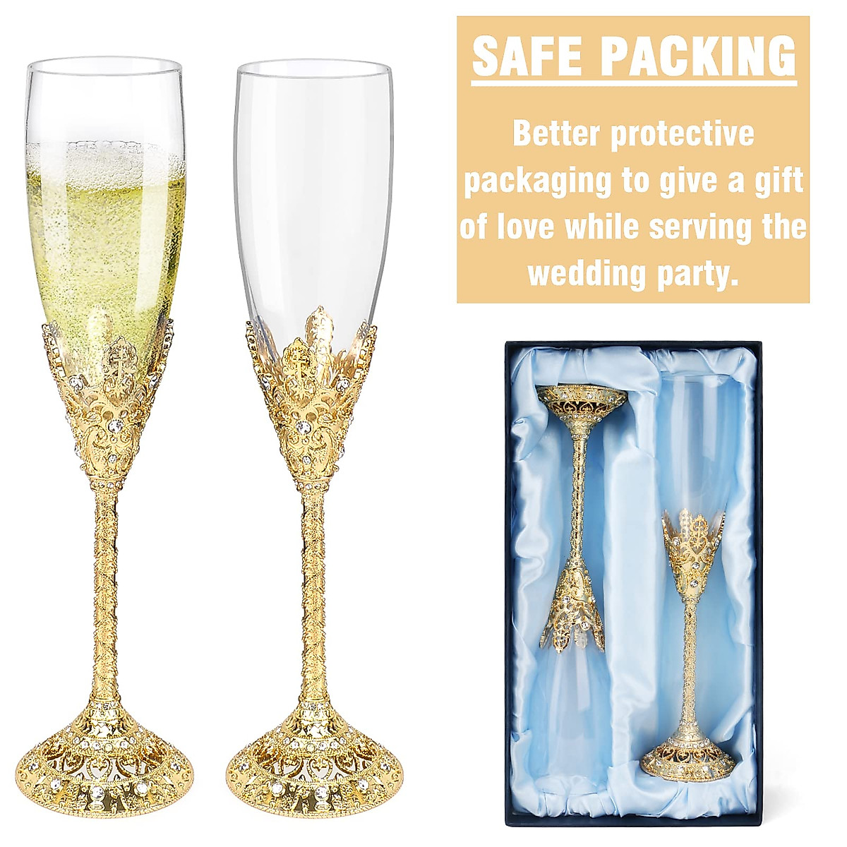 Jozen Gift Gold Champagne Flutes - Crystal Glasses&Metal Base With Crystal Stone, Set of 2 Toasting Flute Pair, Wedding Anniversary, Party Birthday Banquets Gifts for Bride and Groom 6 oz