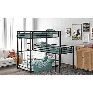 ATH-S Metal Bunk Bed with Desk, Twin Over Twin Over Full Bunk Beds, L-Shaped Metal Triple Twin Over Full Bunk Bed Teens Adult, Black with Desk (Color : Black)