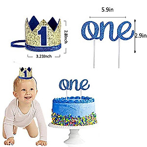 Baby 1st Birthday Boy Decorations with Crown High Chair Banner Cake Smash Party Supplies - Happy Birthday ONE Burlap Banner, No.1 Crown, Glitter Cake Topper