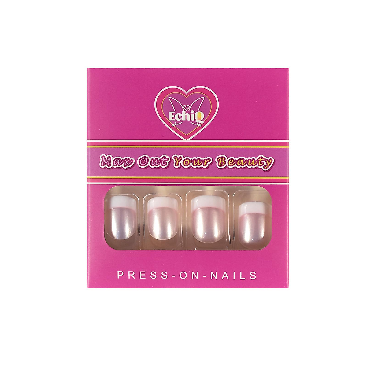 Pearl Shine Pink French Nail Press On Nails for Daily Wear White Round Fake Nails Short Glossy Satin Artificial Lady Fingernails with Adhesive Tabs