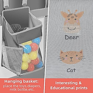 Cowiewie Baby Playpen 76.77x 61.02x26.77 inch Extra Large Playpen with Hanging Basket, Safety Gate Playpen with Breathable Mesh and Prints, Kids Activity Center, Playpen for Babies and Toddlers