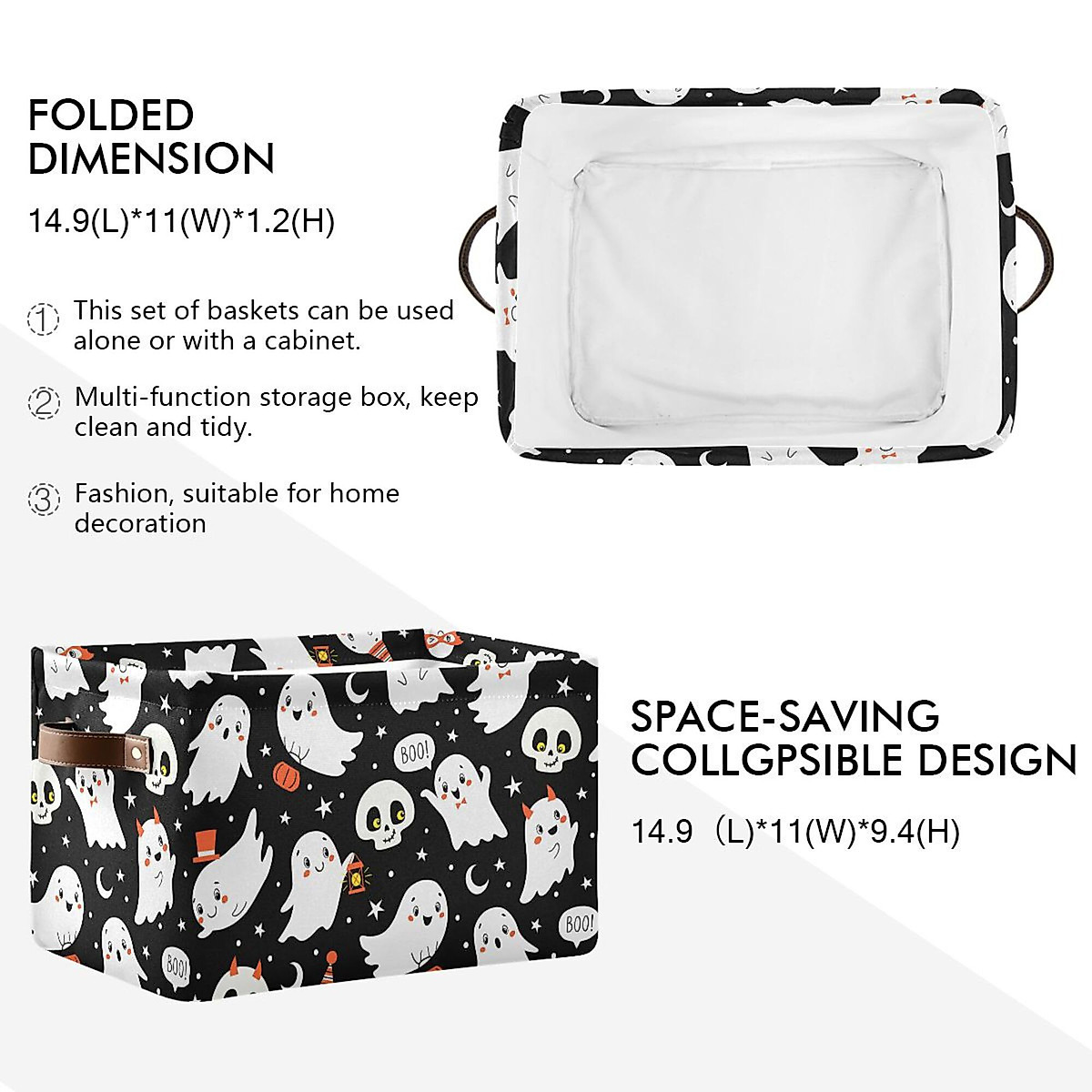 xigua Halloween Decorations Ghost Storage Basket Collapsible Toy Storage Bins Waterproof Canvas Storage Basket with Leather Handles for Home Closets Offices,Bedrooms,Toy and Gift Baskets,1PCS