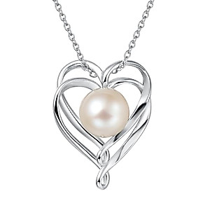FANCIME June Birthstone Pearl Necklace 925 Sterling Silver Double Heart Necklace with Genuine Quality 9-10mm Freshwater Cultured Pearls Bridal Wedding Pearl Jewelry for Women