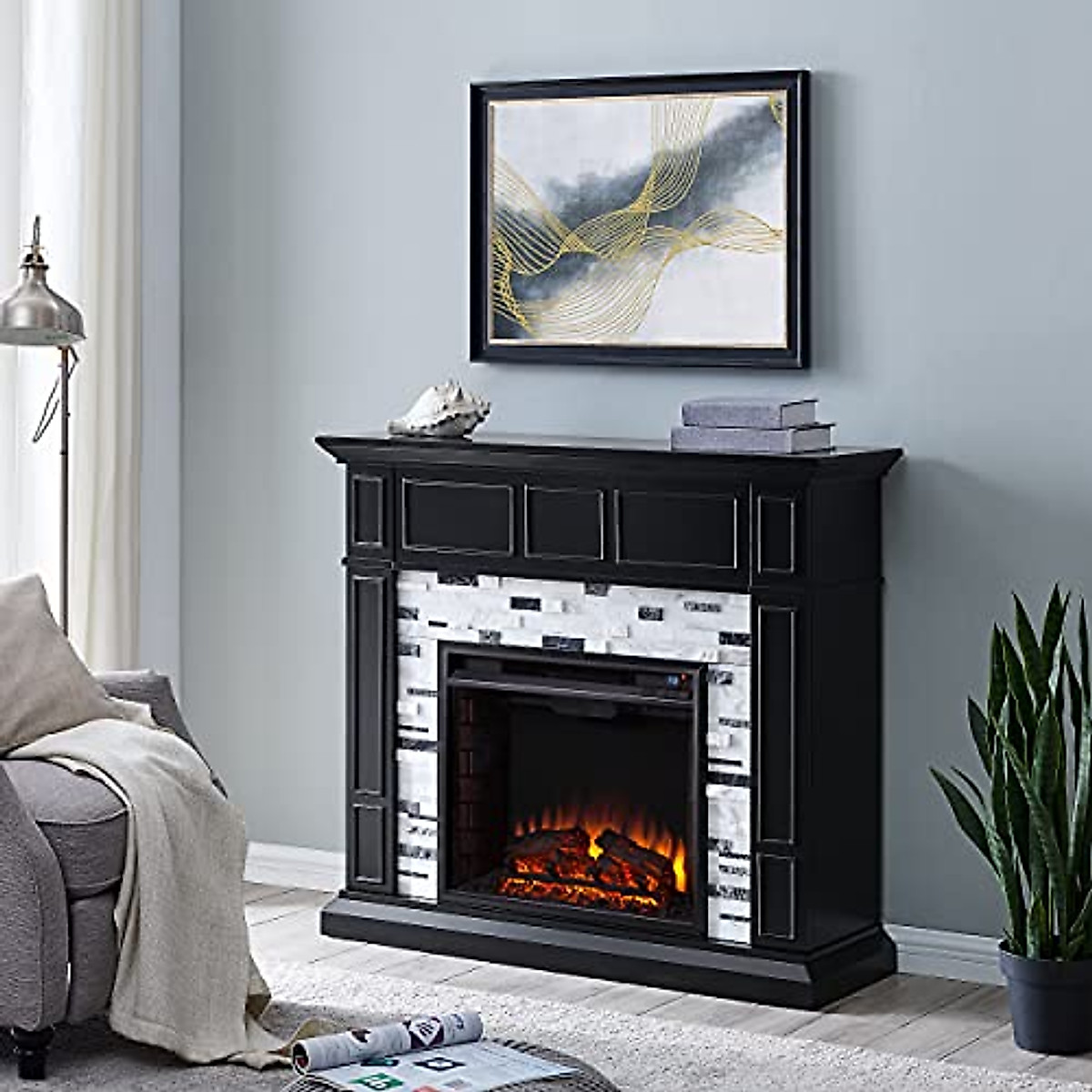 SEI Furniture Drovling Marble Tiled Electric Fireplace, Black-White-Gray